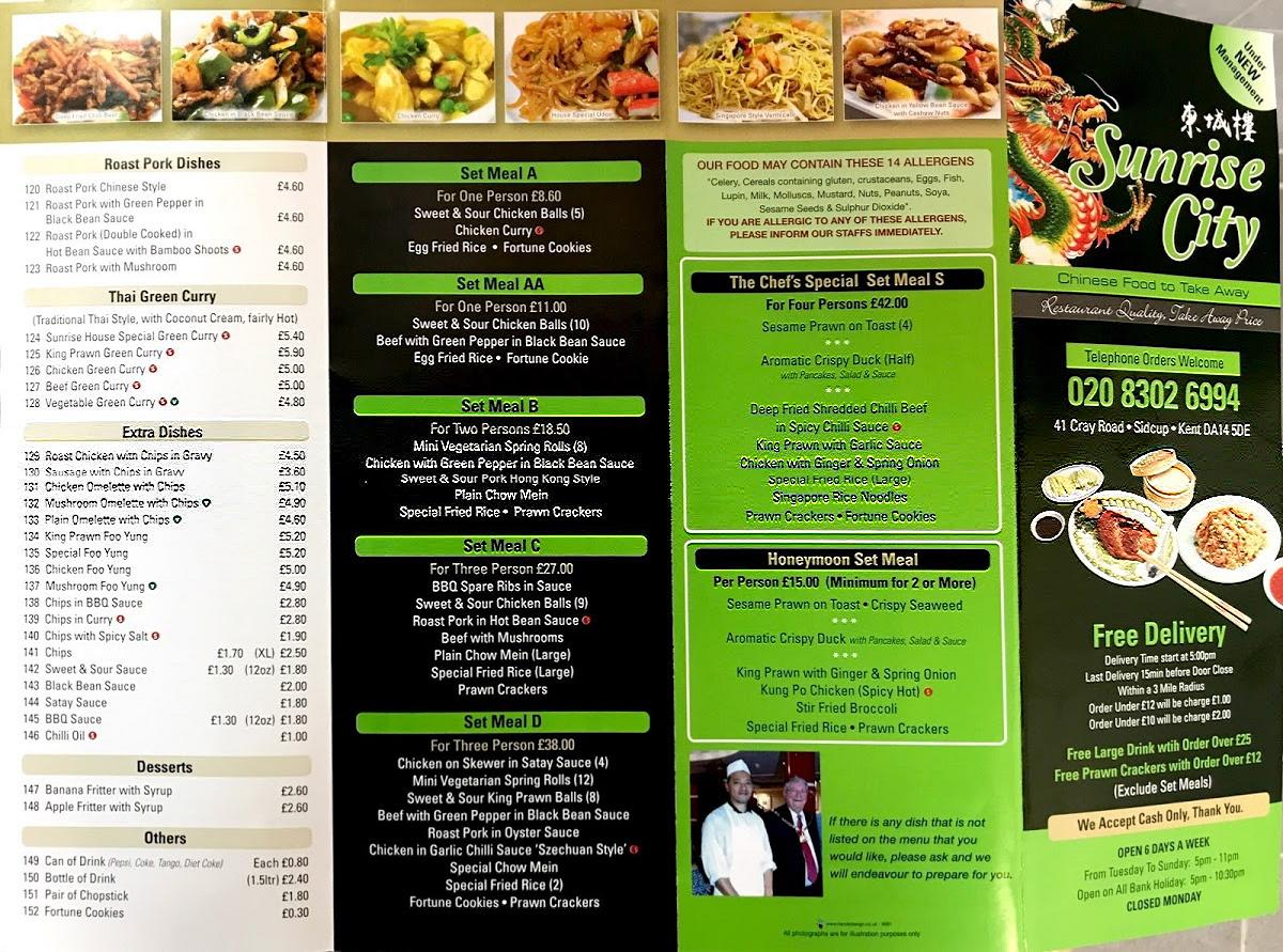 Menu at Sunrise City fast food, Sidcup