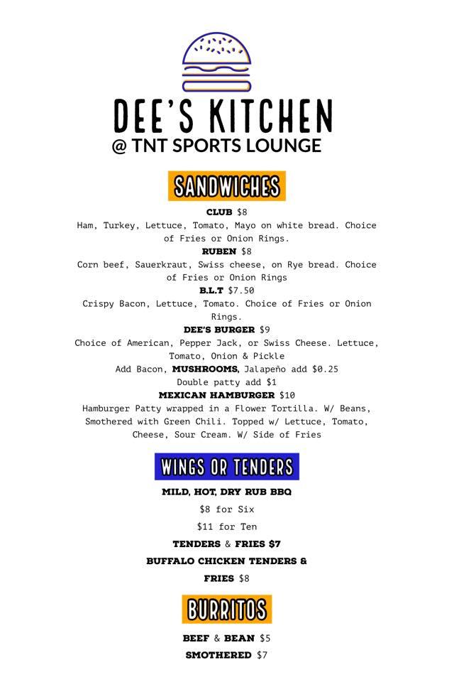 Menu at TNT Sports Lounge pub & bar, Arvada