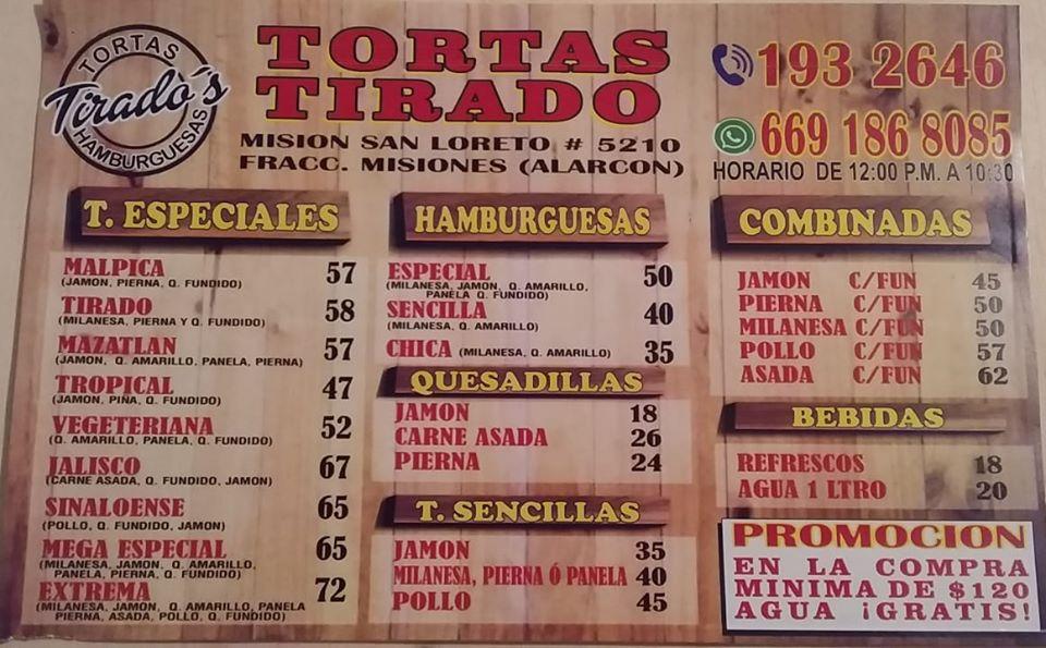 Menu at Tortas Tirado restaurant, Mazatlán