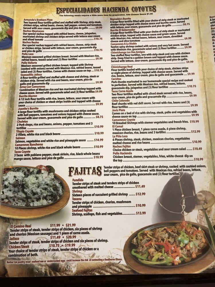 Menu at Hacienda Coyotes Grill restaurant, Terre Haute, S 3rd St