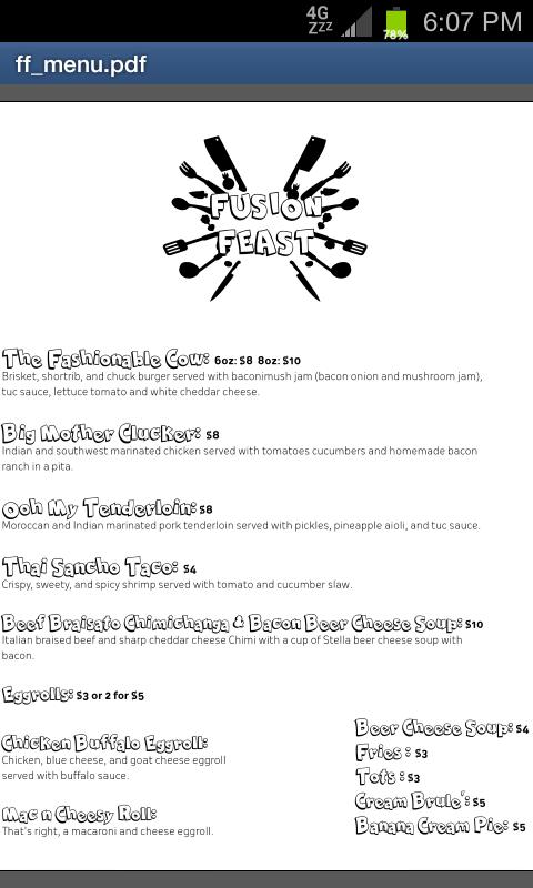 Menu at Fusion Feast restaurant, Tampa