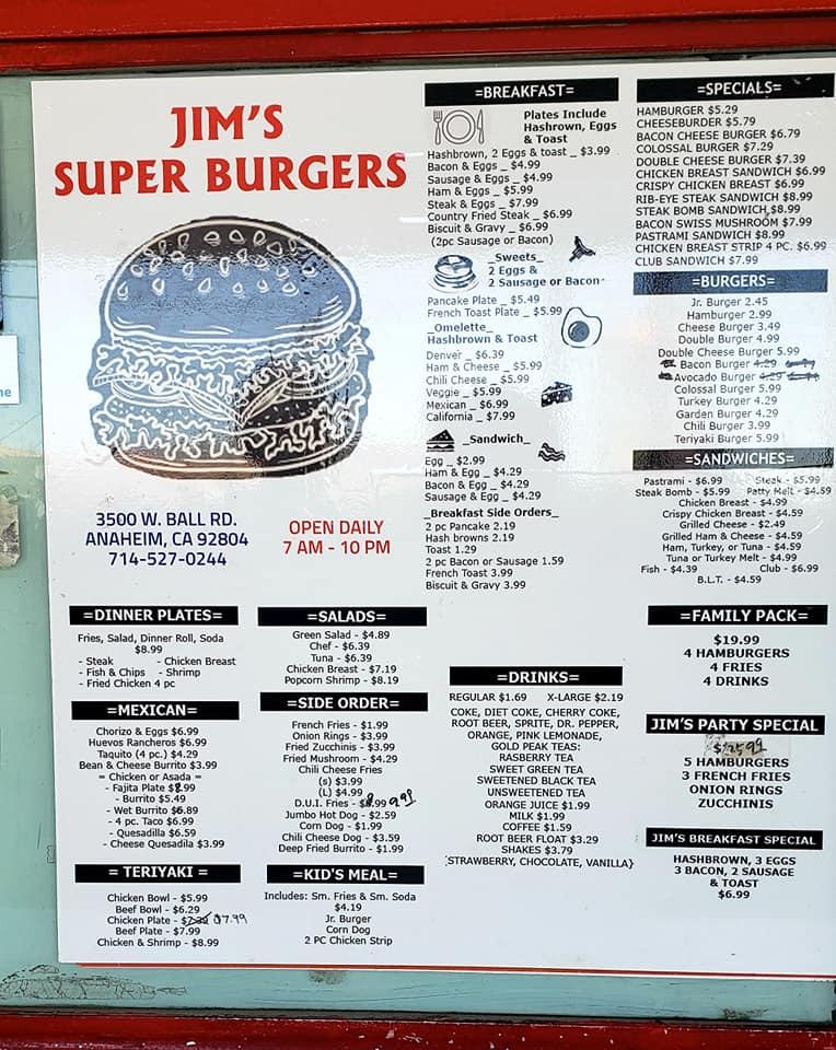 Menu at Jims Super Burgers fast food, Anaheim