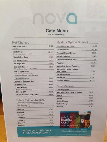 Menu at Nova Prestatyn cafe, Prestatyn