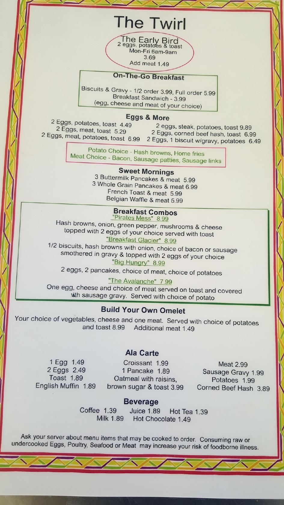 Menu at The Twirl restaurant, Cassopolis