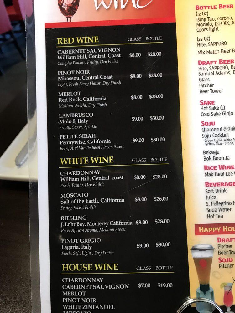 Menu at Wang Cho Korean BBQ, Riverside