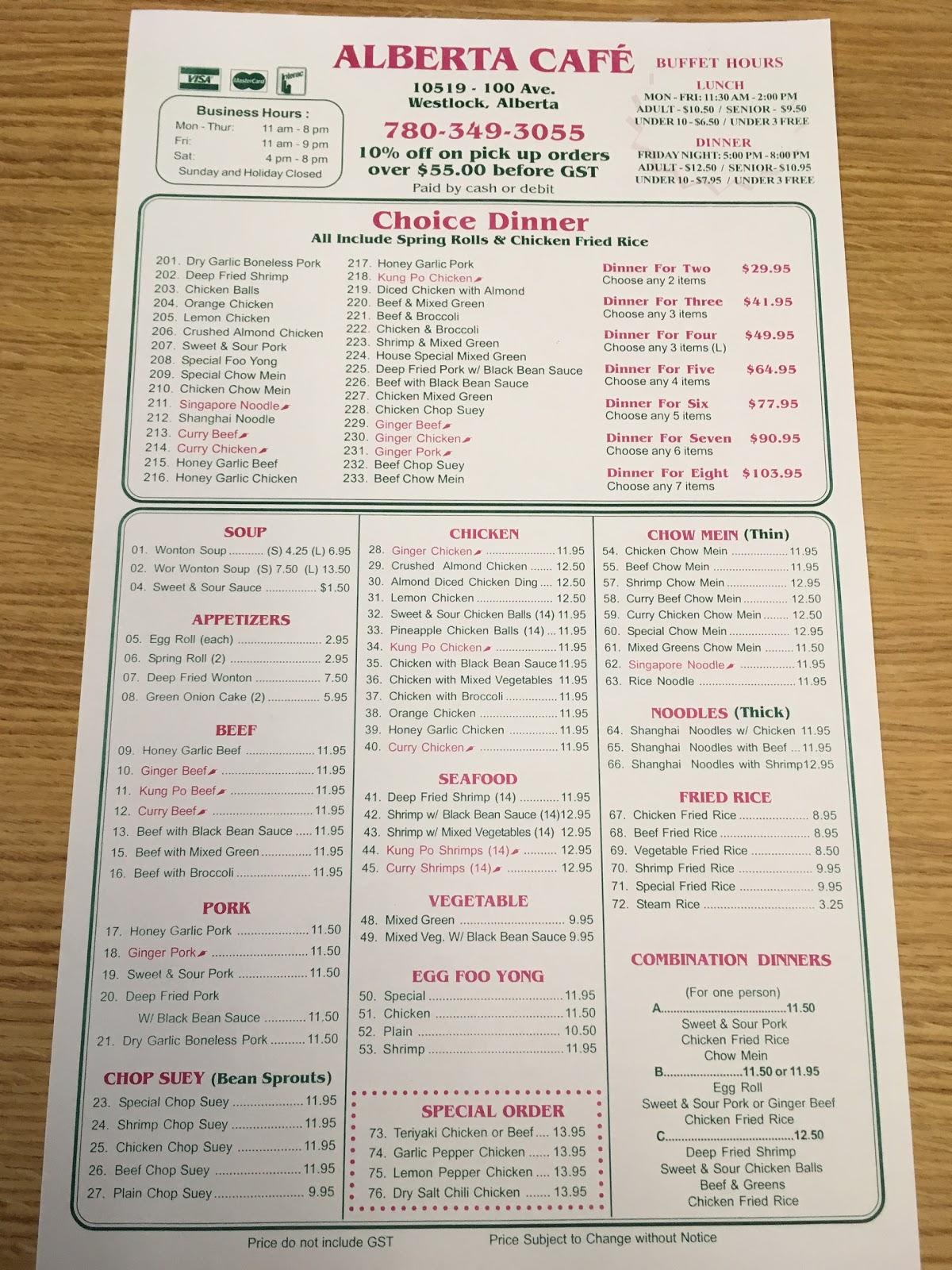 Menu at Alberta Cafe, Westlock