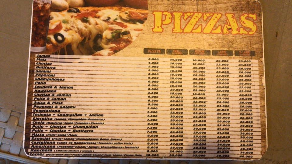 Menu at Corner Blue restaurant, Colombia
