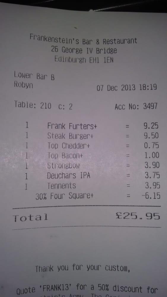 Menu at Frankenstein pub & bar, Edinburgh