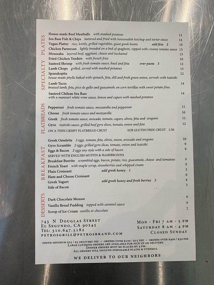 Menu at Grill by PETROS restaurant, El Segundo
