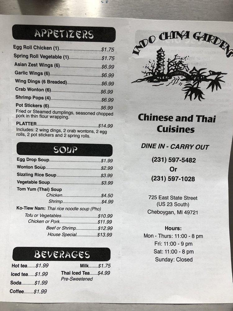 Menu at Indo-China Garden Restaurant, Cheboygan