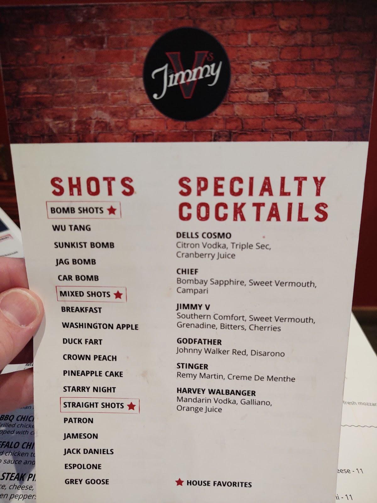 Menu at Jimmy V's pub & bar, Bismarck