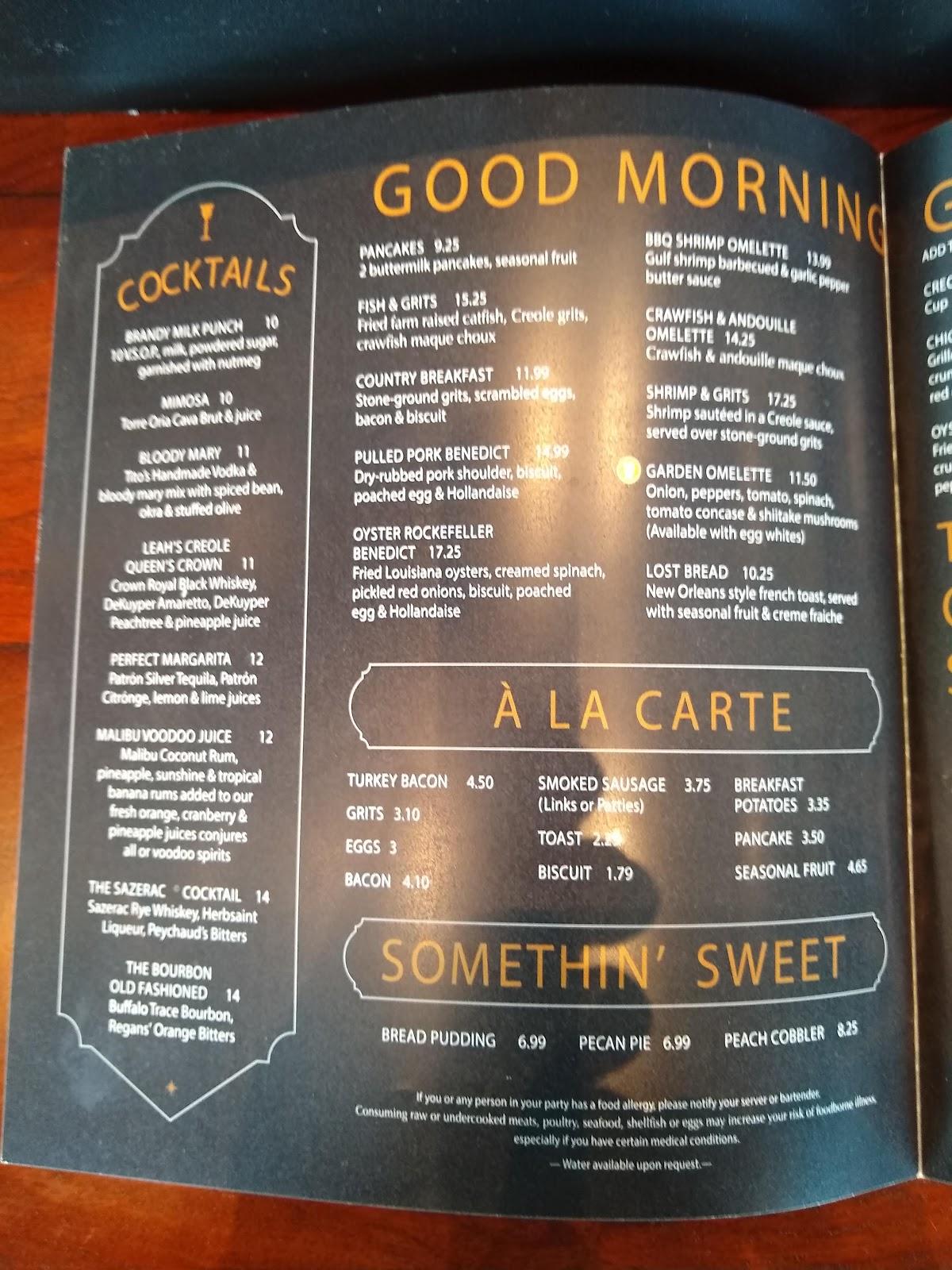 Menu at Leah's Kitchen restaurant, Kenner, 1 Terminal Dr