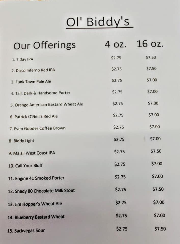 Menu at Ol' Biddy's Brewhouse pub & bar, Lower Sackville