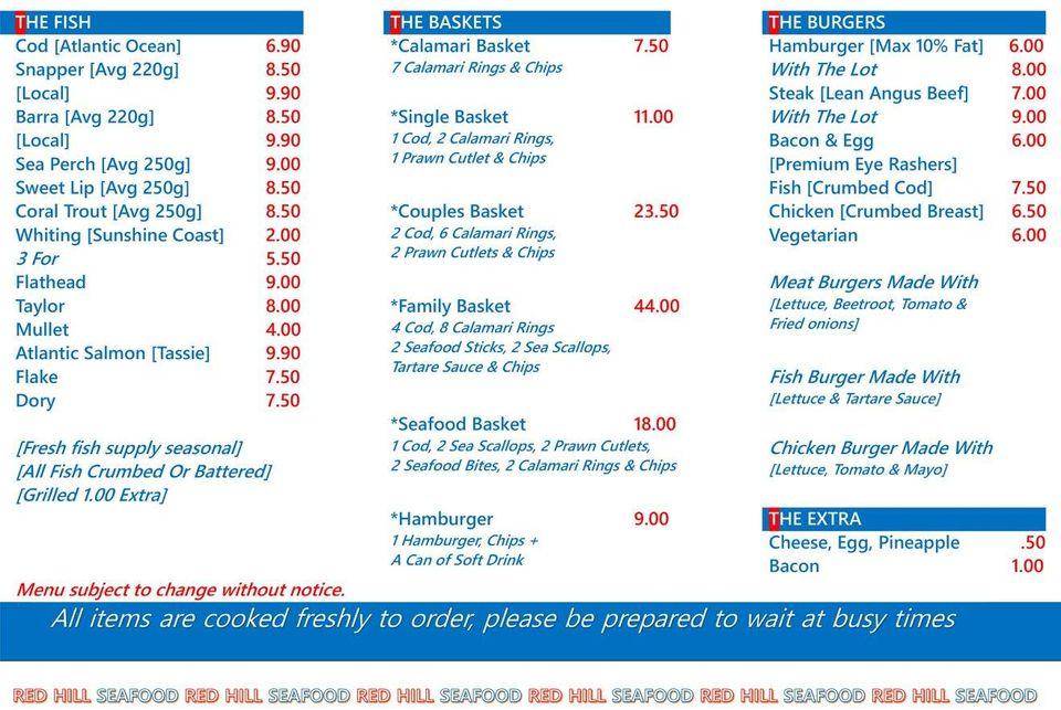 Menu at Red Hill Seafood fast food, Red Hill