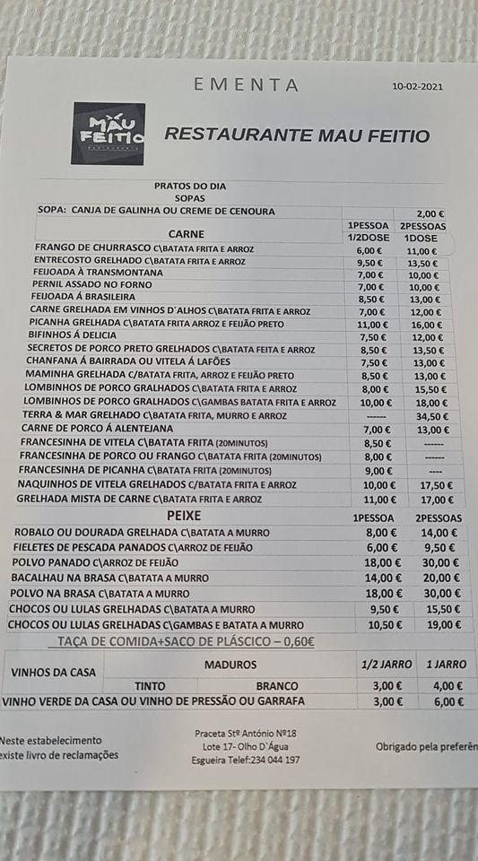Menu at Mau Feitio restaurant, Aveiro