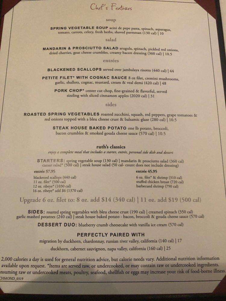 Menu at Ruth's Chris Steak House pub & bar, Midlothian