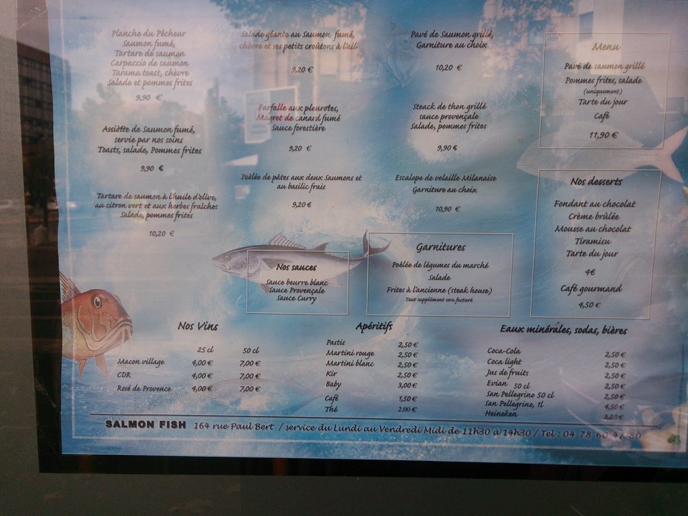 Menu at Salmon Fish restaurant, Lyon