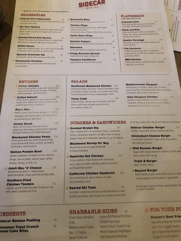 Carta del pub y bar Sidecar Social Addison, Dallas