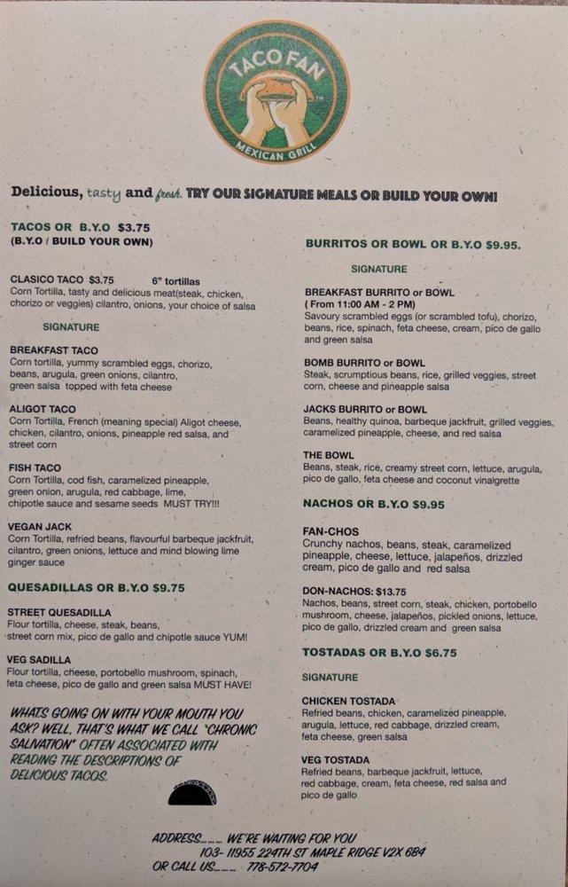 Menu at Taco Fan restaurant, Maple Ridge