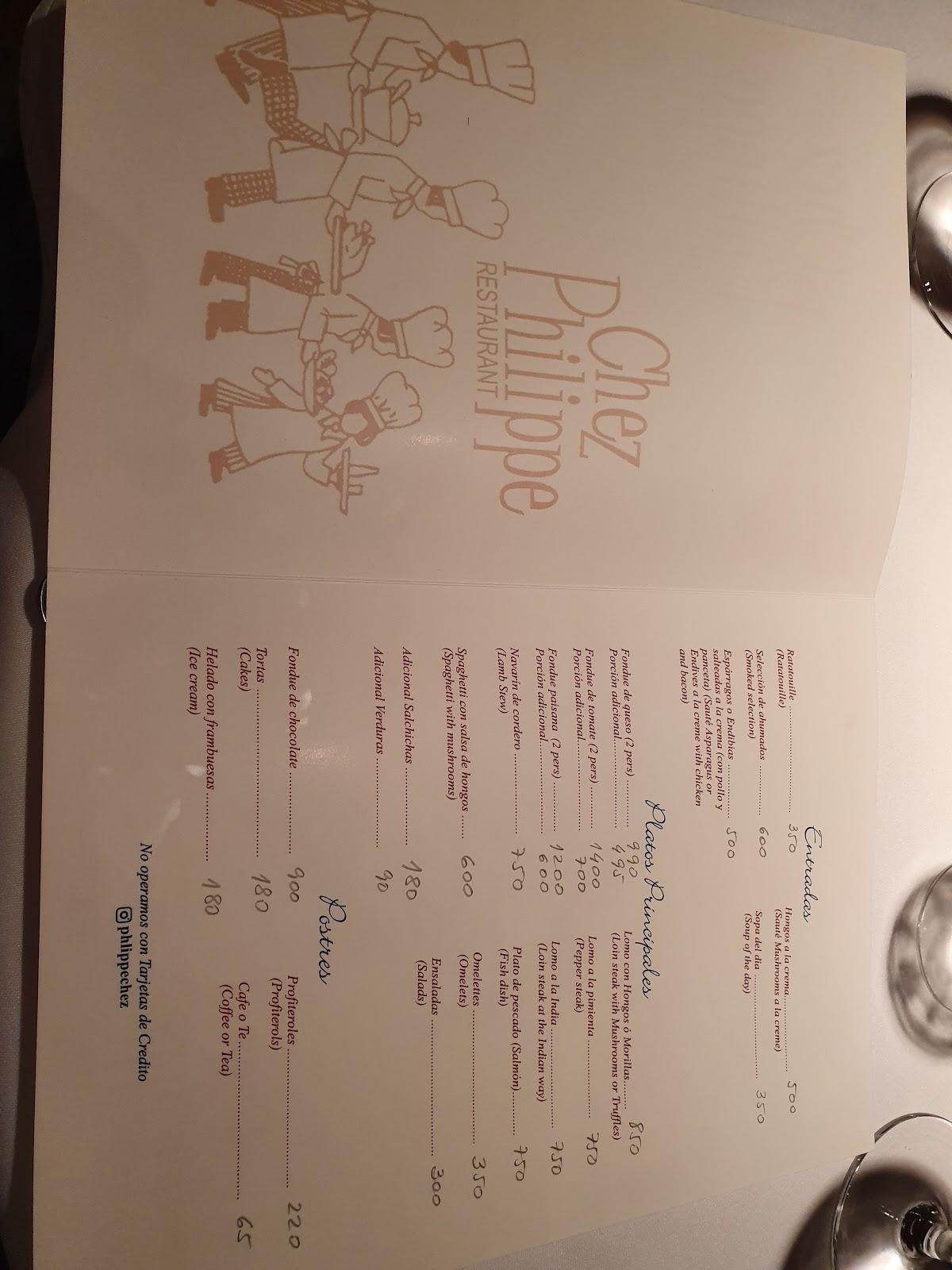 Carta del restaurante Chez Philippe, San Carlos del Bariloche, Primera Junta 1080