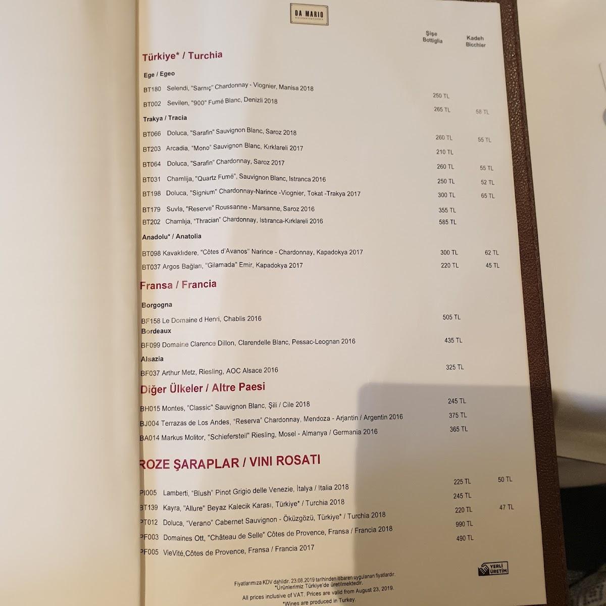 Menu at Da Mario, Istanbul, Etiler