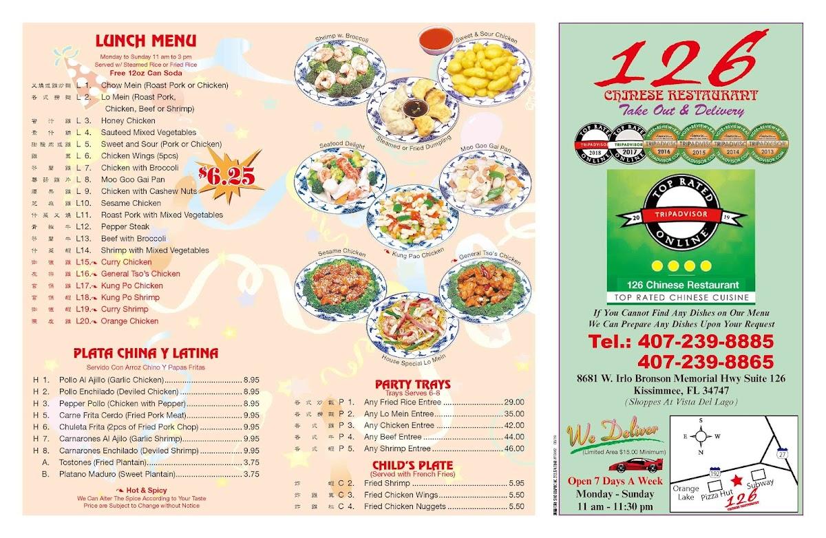Menu at 126 Chinese restaurant, Bay Lake