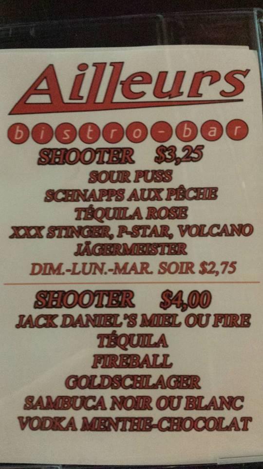 Menu at Ailleurs Bistro-Bar, Québec City