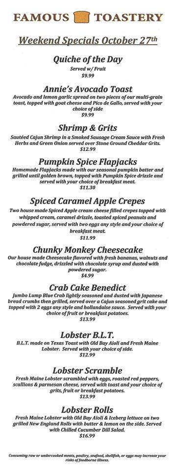 Menu at Famous Toastery Keagy Village restaurant, Roanoke