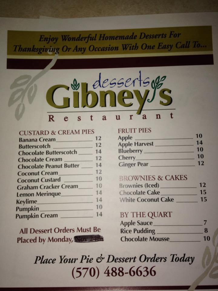 Menu at Gibney's Restaurant, Waymart