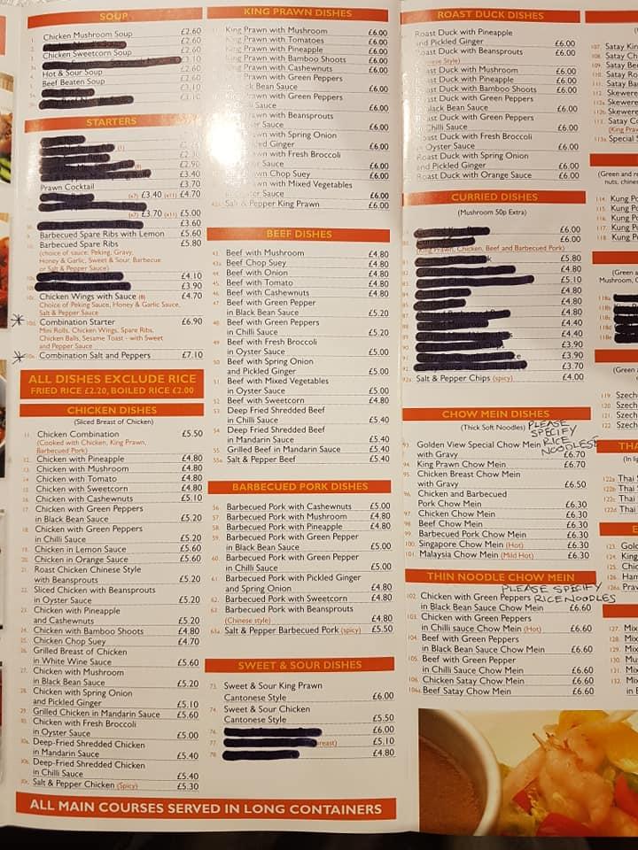 Menu at Golden View restaurant, Glasgow, 306 Dyke Rd