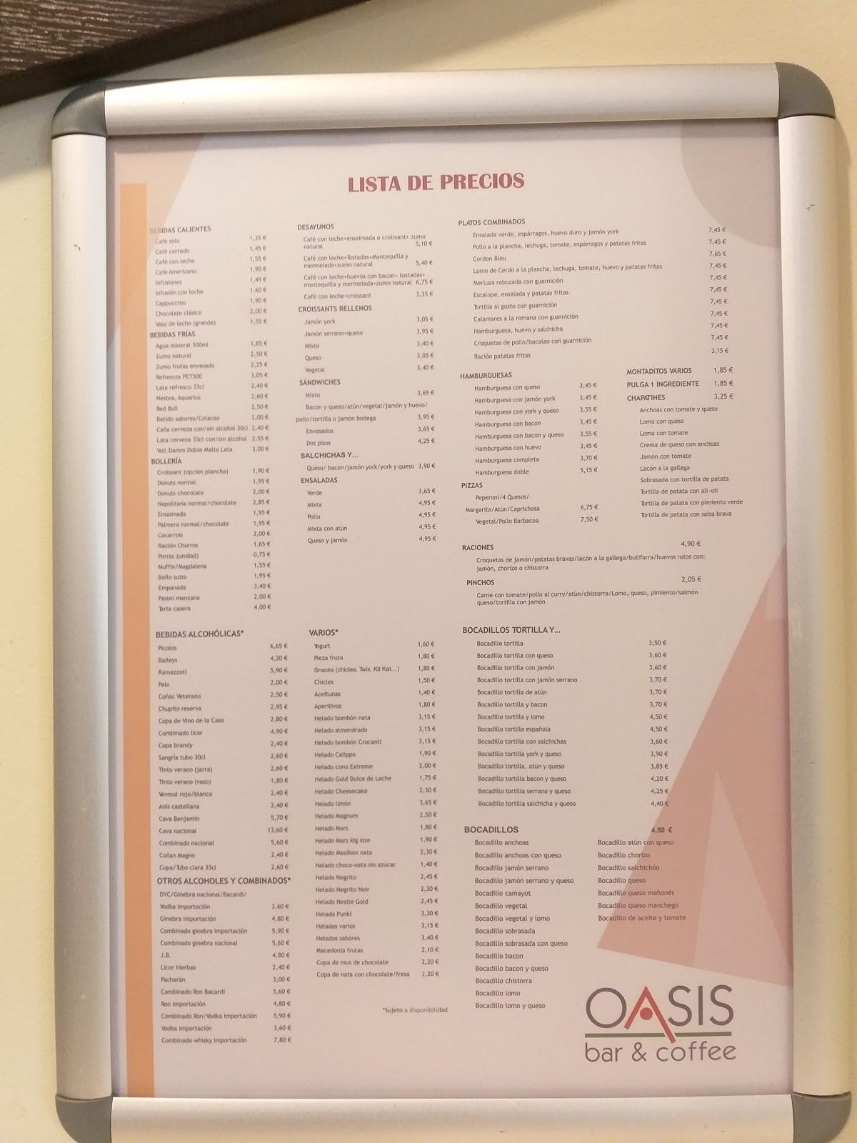 Menu at Oasis Bar & Coffee, Palma