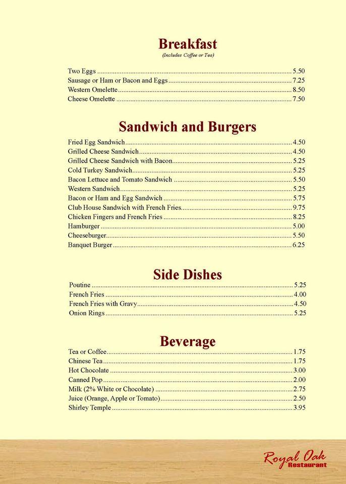 Menu at Royal Oak Restaurant, Orillia