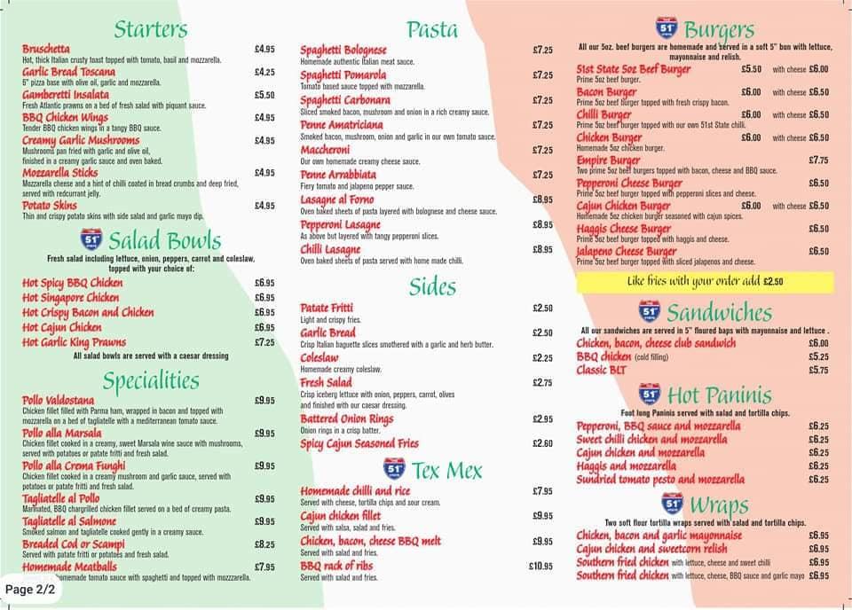 Menu at The 51st State and La Cantina Restaurant, Dunoon
