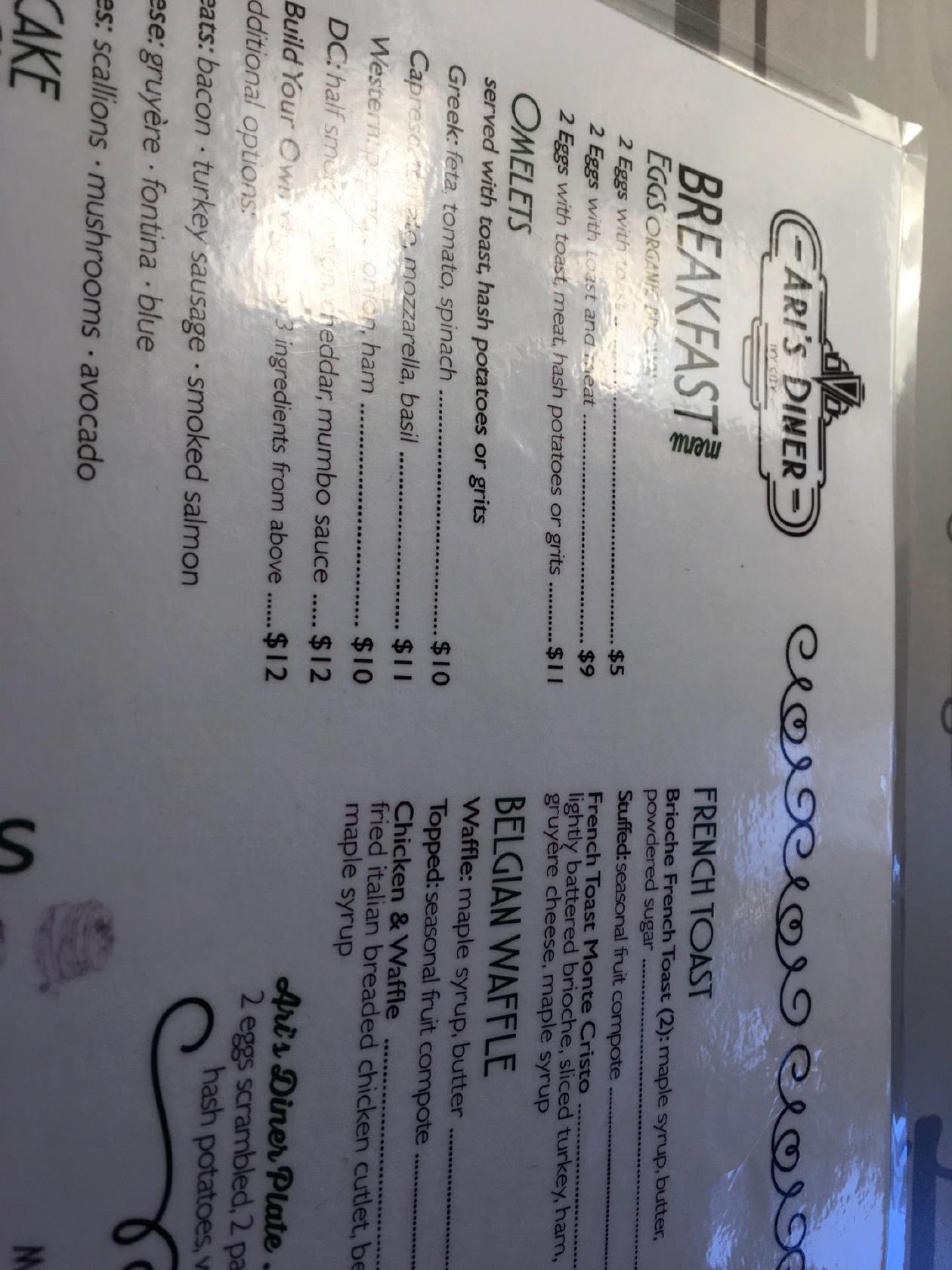 Menu at Ari's Diner cafe, Washington