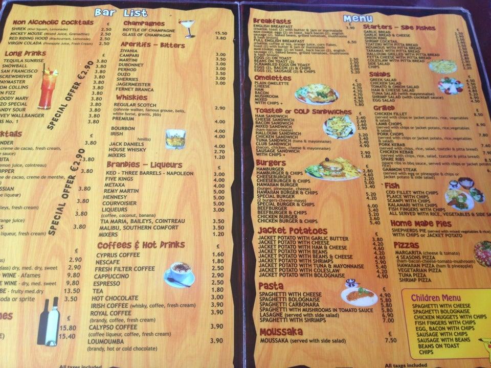 Menu at Cheers, Protaras, +72V