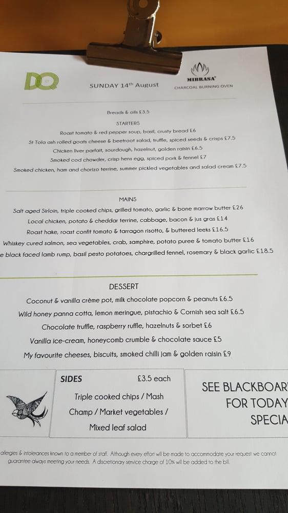 Menu at Deanes at Queens restaurant, Belfast