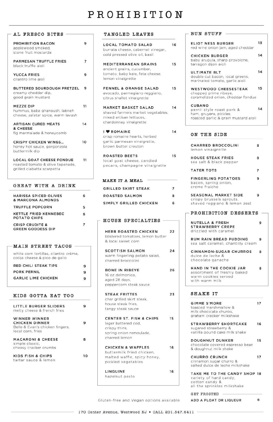 Menu at Prohibition pub & bar, Westwood