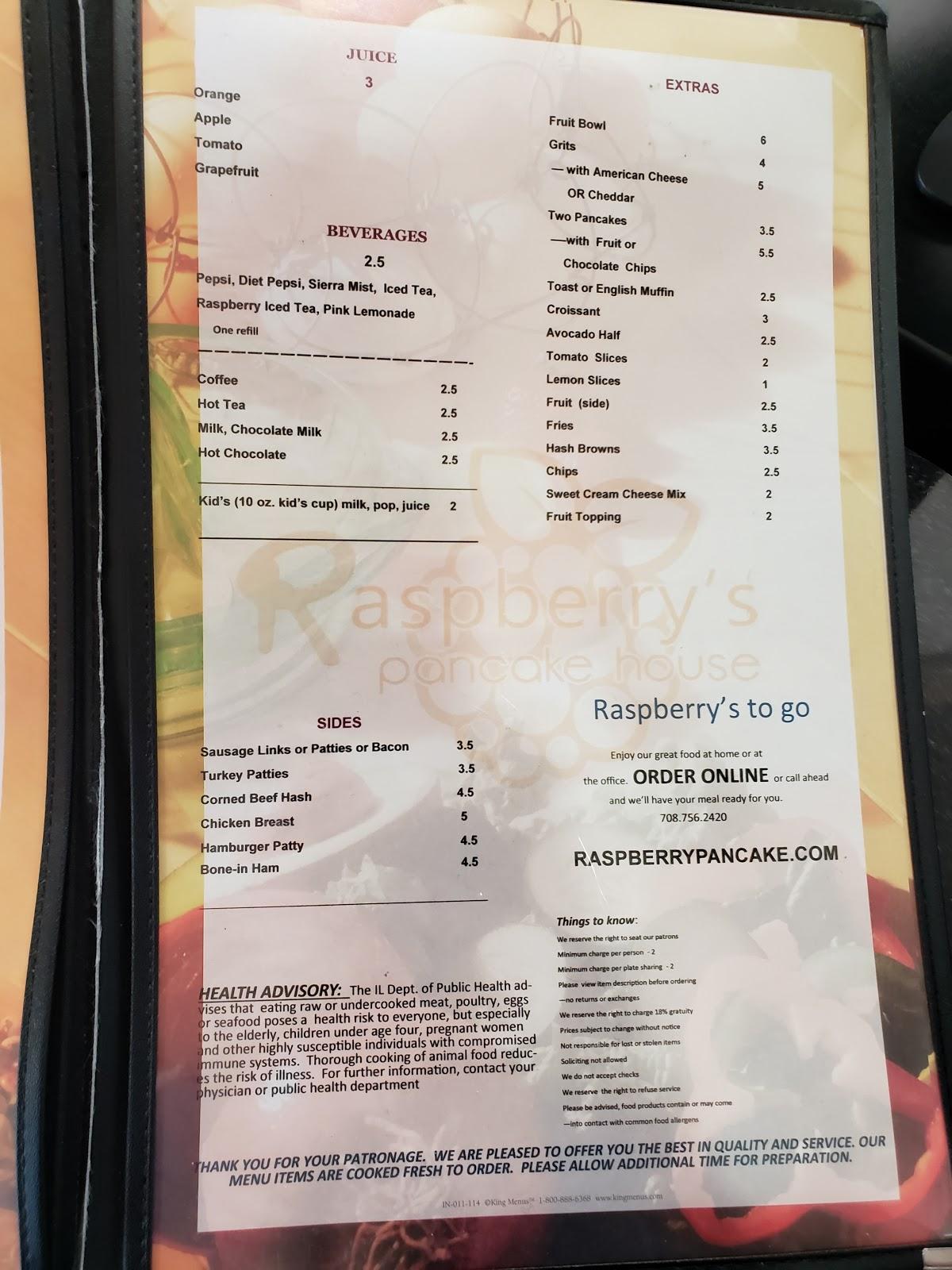 Menu at Raspberry's Pancake House & Restaurant, Steger