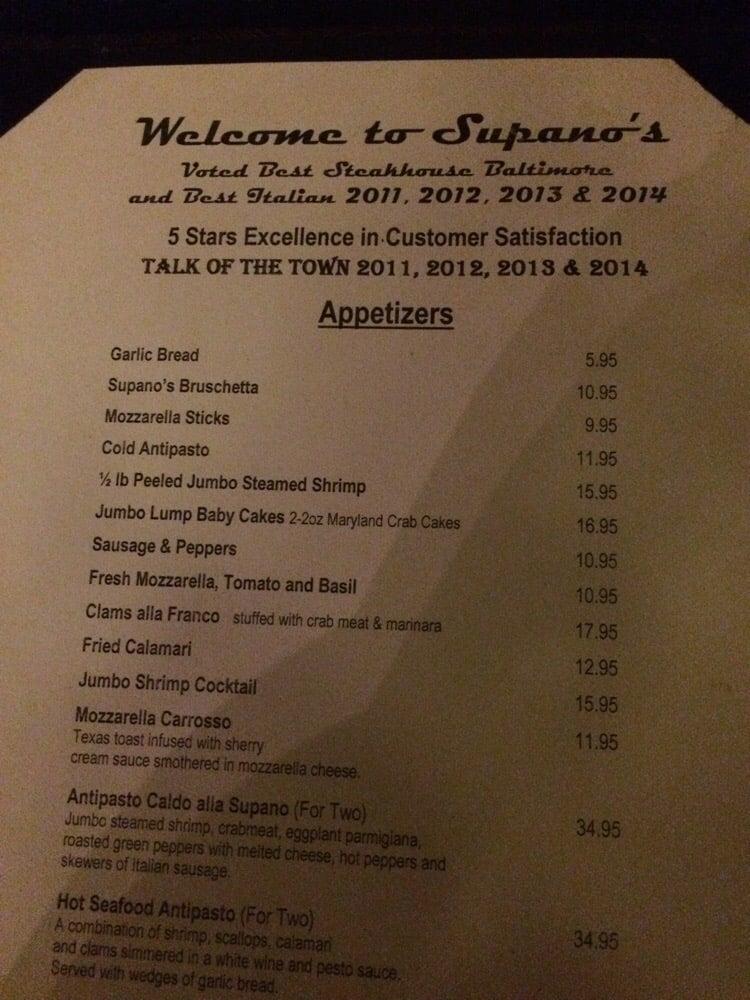 Menu at Supano's Restaurant, Baltimore