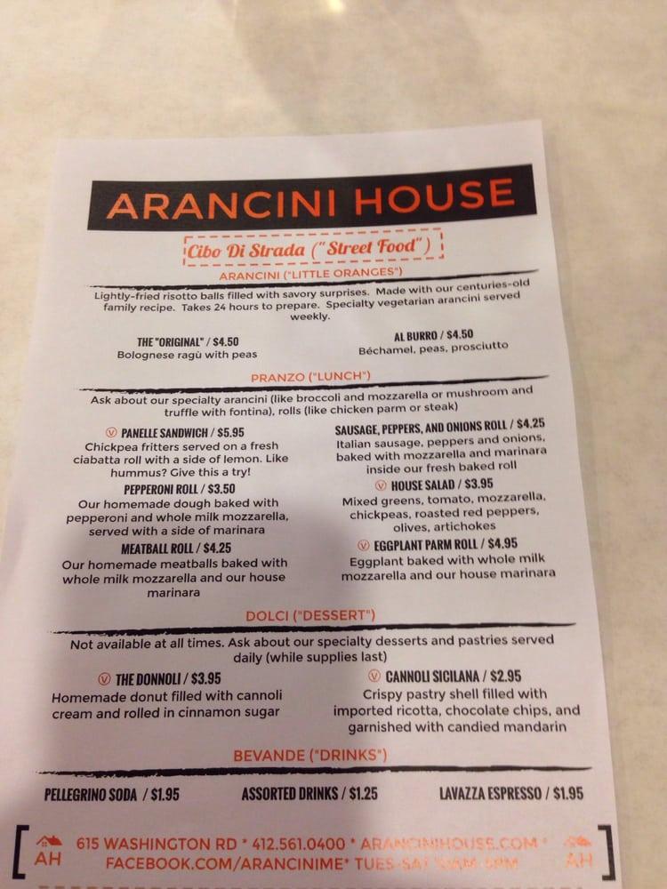 Menu at Arancini House pizzeria, Pittsburgh