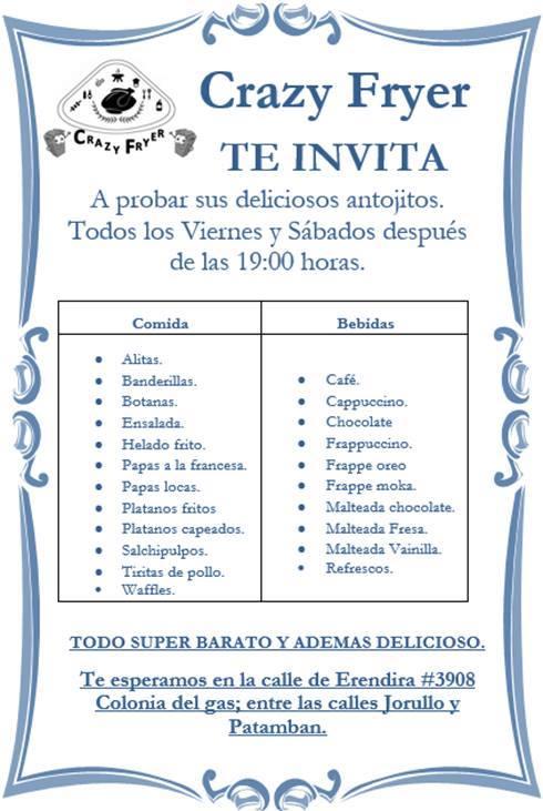 Menu at Crazy Fryer restaurant, Mexico City