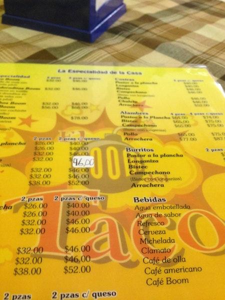 Menu at El Boom del Taco restaurant, Mexico City