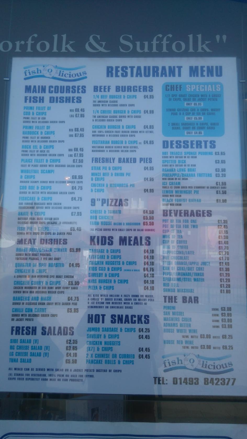 Menu at Fish'o'licious restaurant, Great Yarmouth