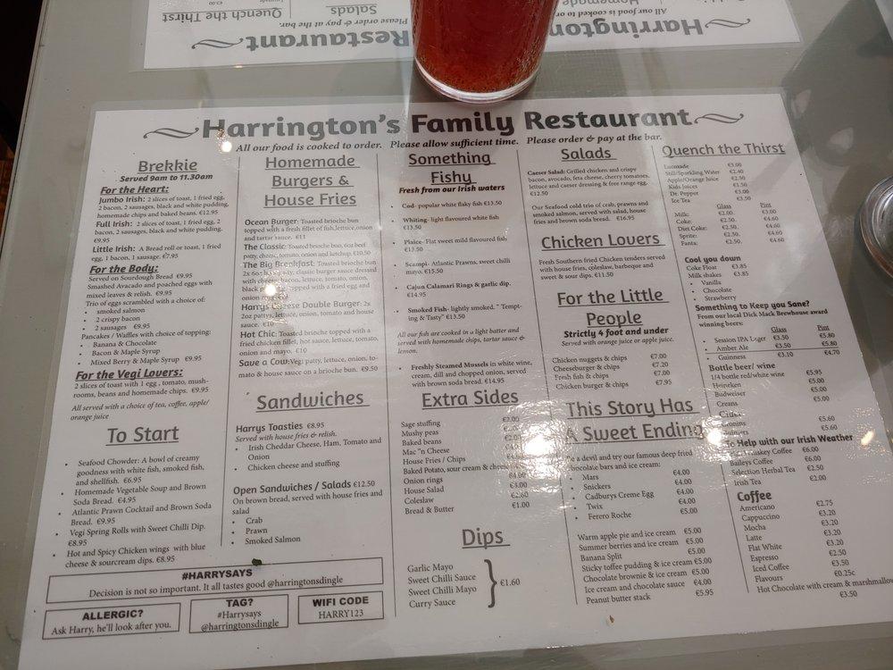 Menu at Harrington's Restaurant, Dingle
