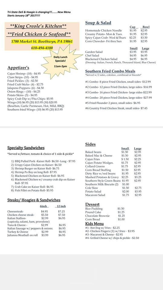 Menu at King Creole's Kitchen restaurant, Boothwyn