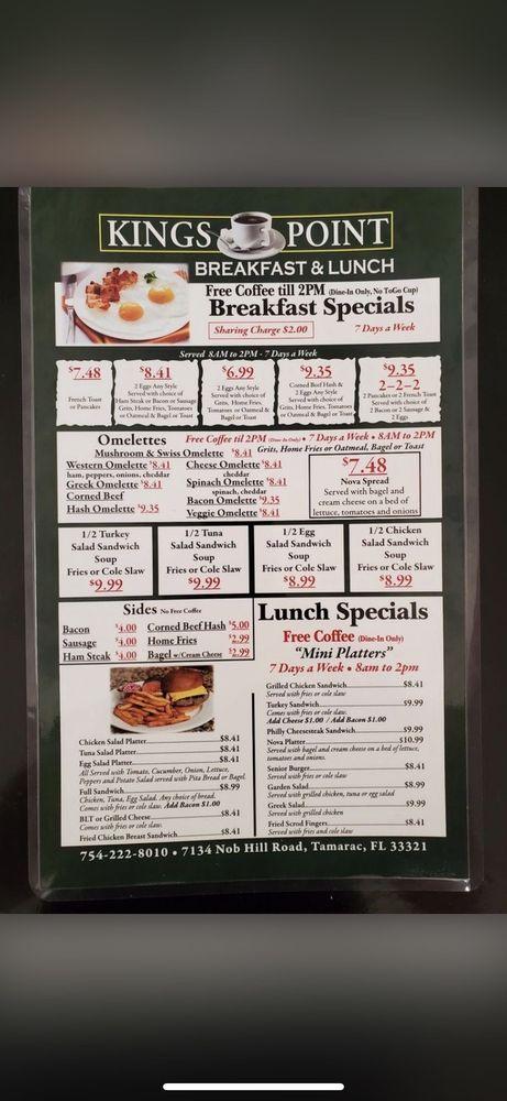 Menu at Kings Point Diner restaurant, Tamarac
