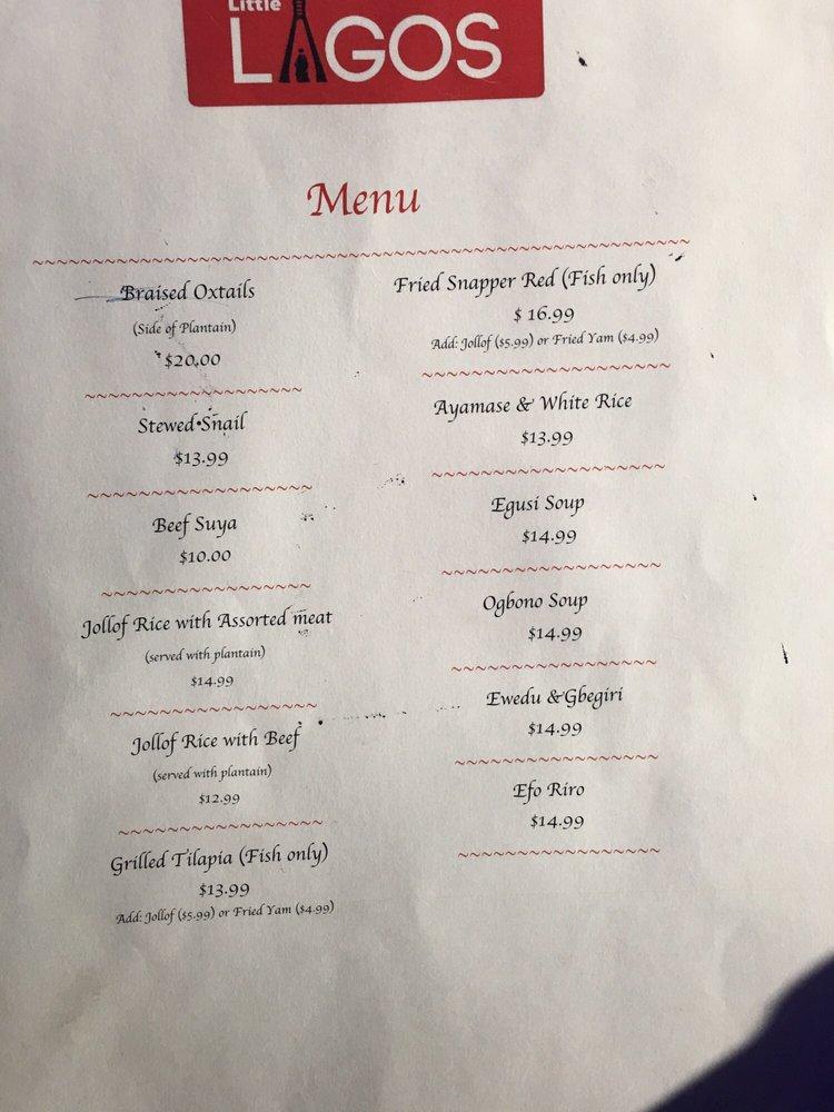 Menu at Little Lagos restaurant, Atlanta