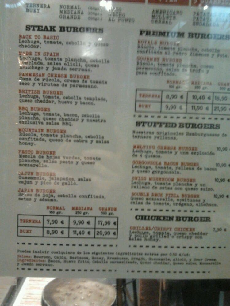 Menu at Steak Burger BBQ, Madrid, Calle de la Virgen de los Peligros