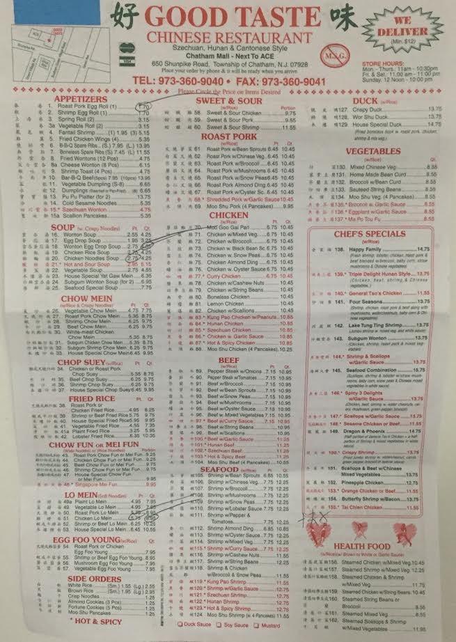 Menu at Good Taste restaurant, Chatham Township