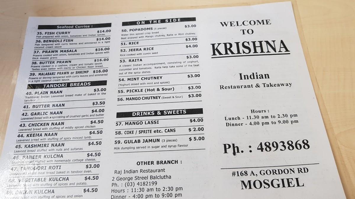 Menu at Krishna Indian Restaurant and Takeaways, Mosgiel, 168A Gordon Rd